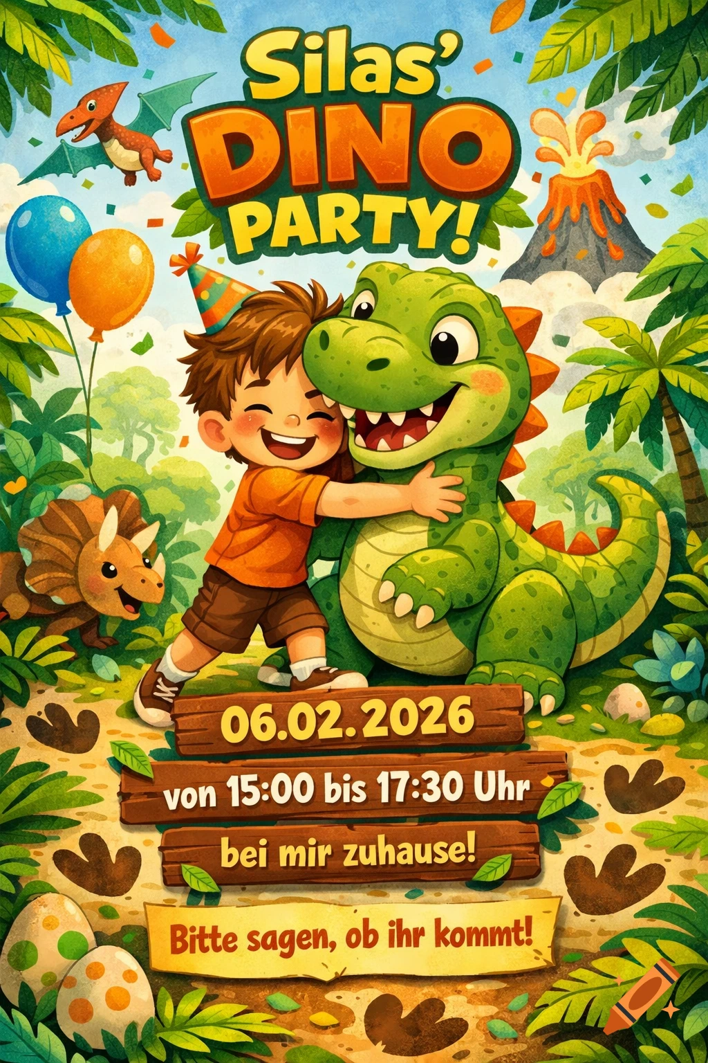 Cartoon illustration of a boy hugging a green dinosaur for a 'Silas ...