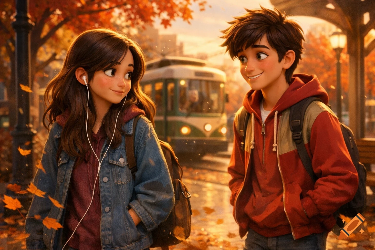 Animated boy and girl smiling at each other on an autumn city street ...