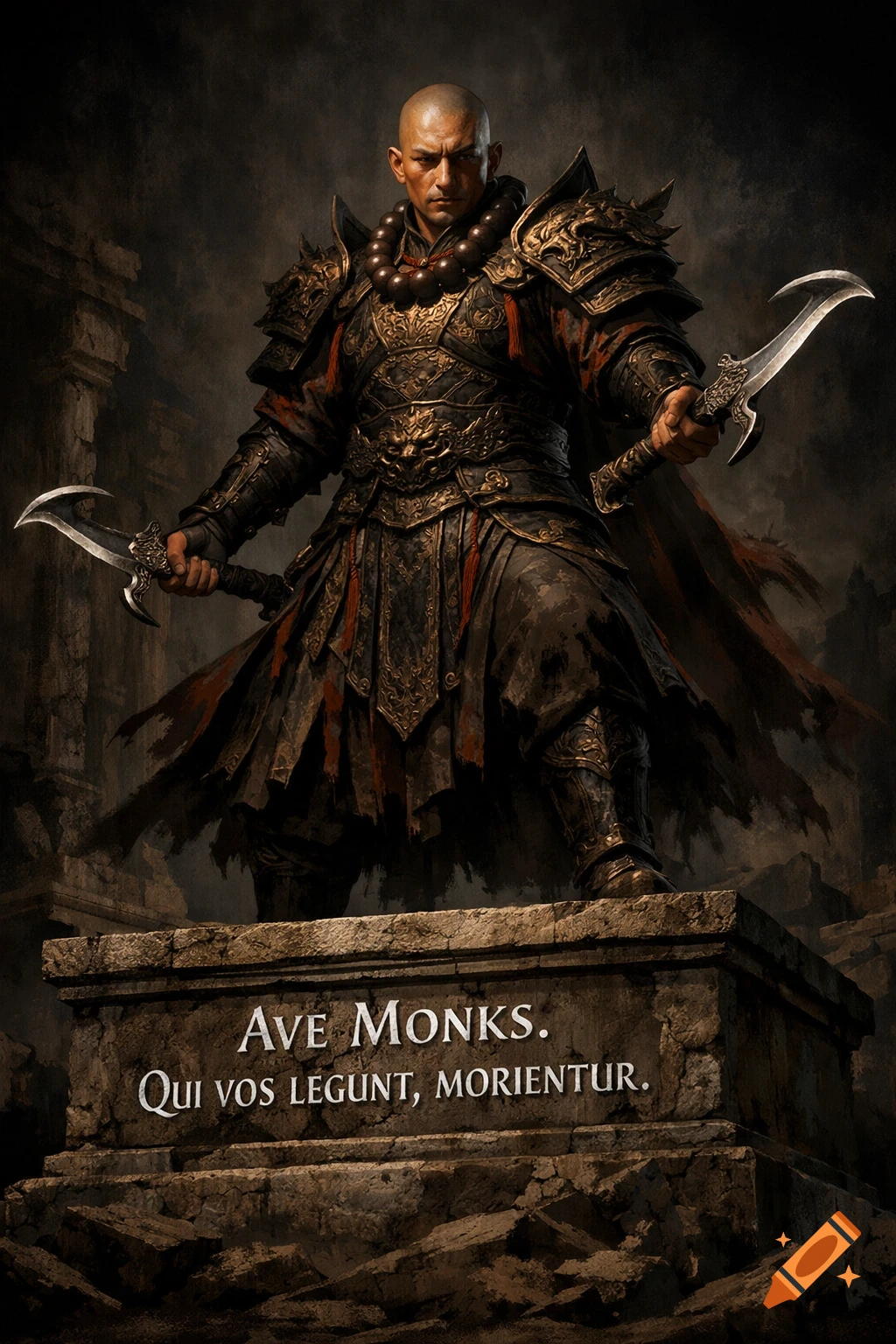 Bald warrior monk in ornate imperial Chinese armor, holding hook swords ...