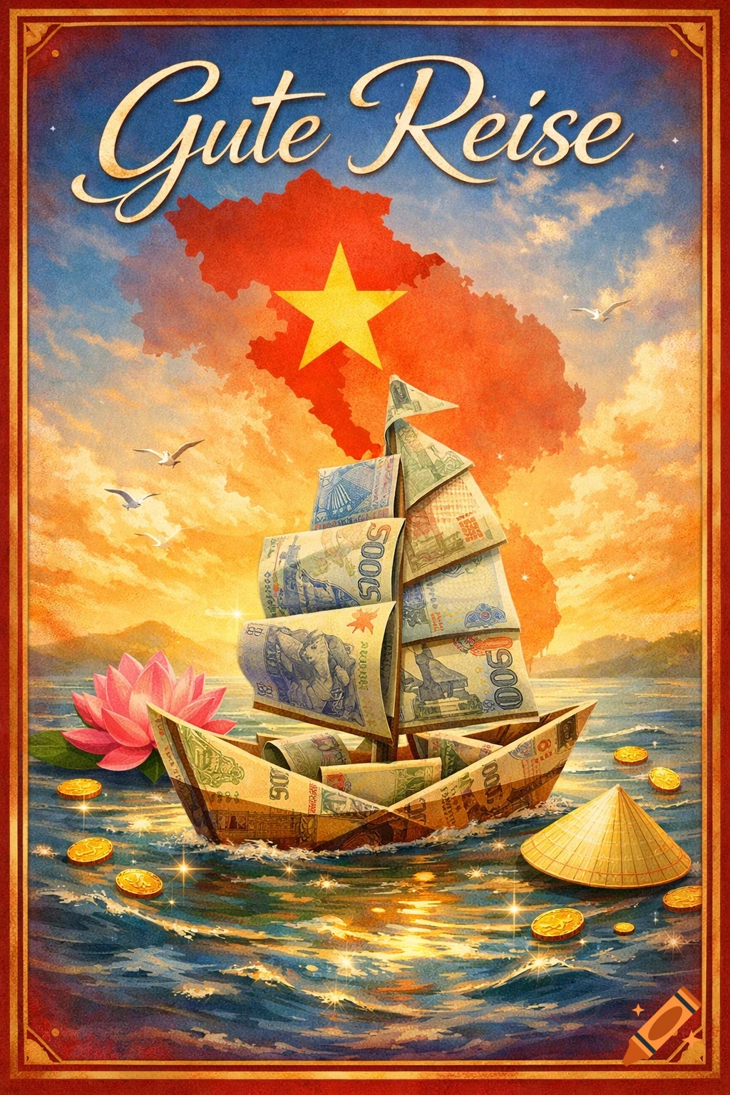 Artistic travel poster for Vietnam with a boat made of banknotes, a ...