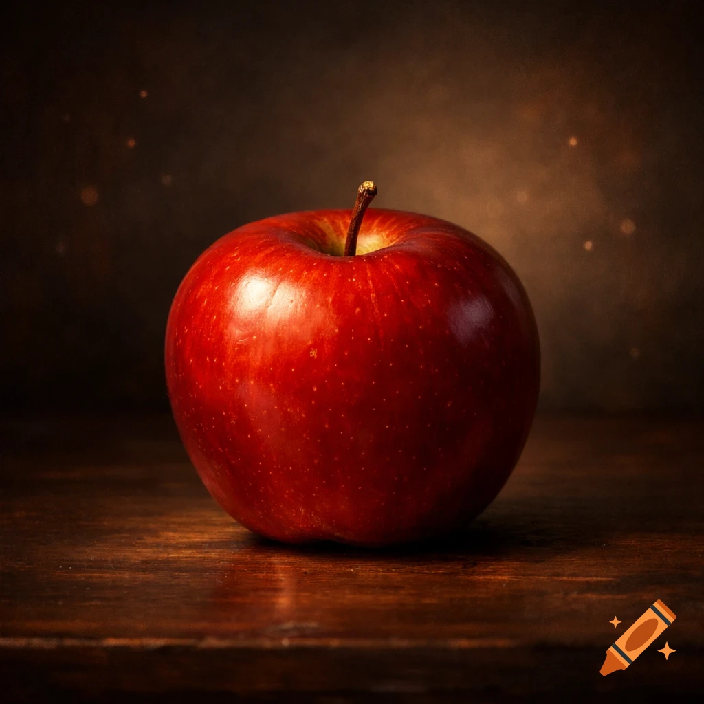 A single bright red apple with a stem sits on a dark wooden surface ...