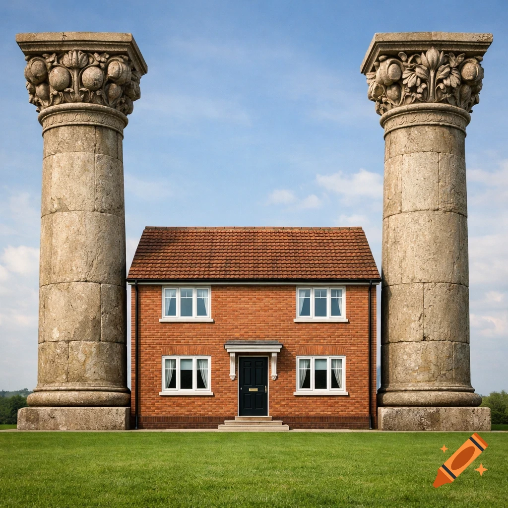 A red brick British house with a black door and white windows, flanked ...