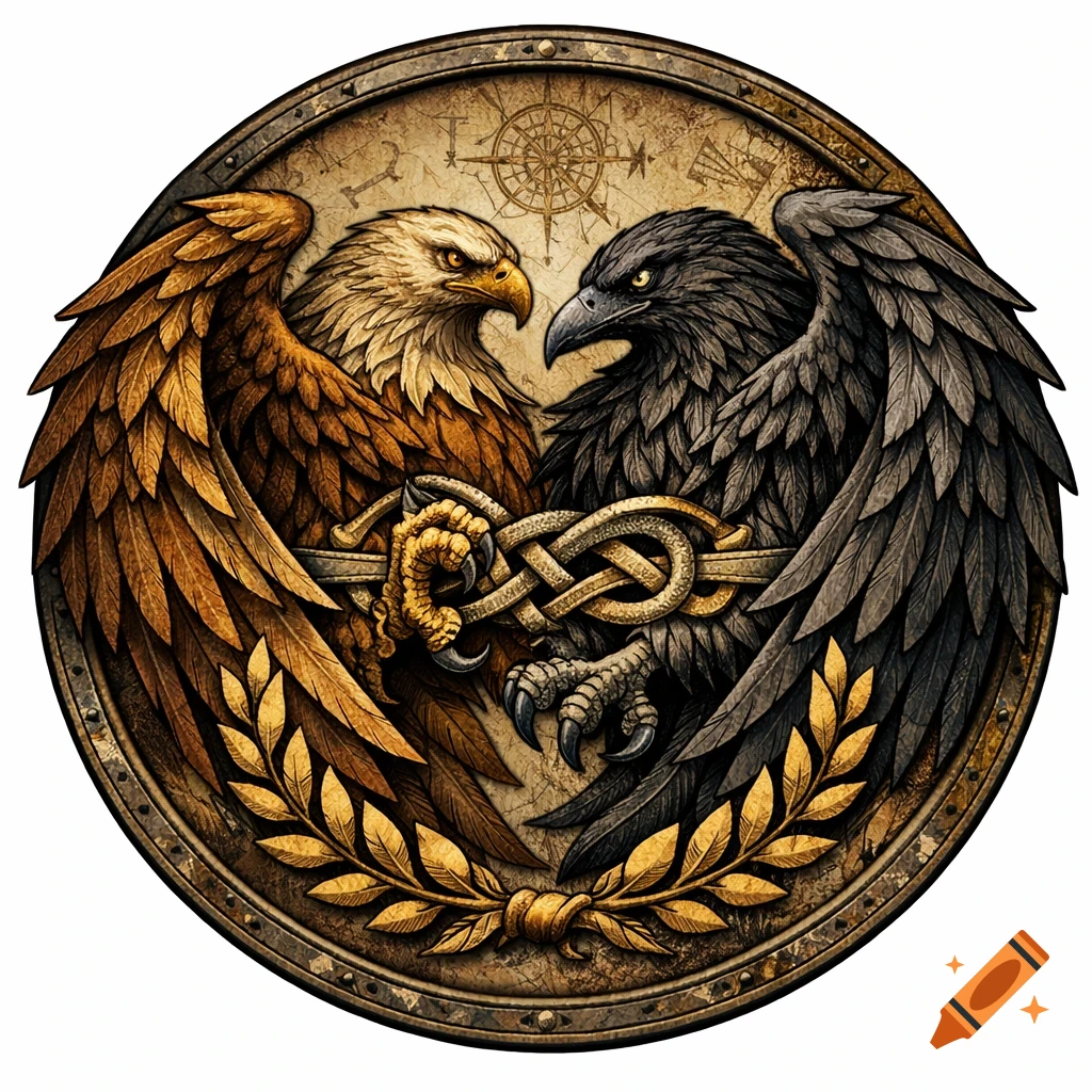 Round, artistic logo of a brown eagle and black raven with talons ...