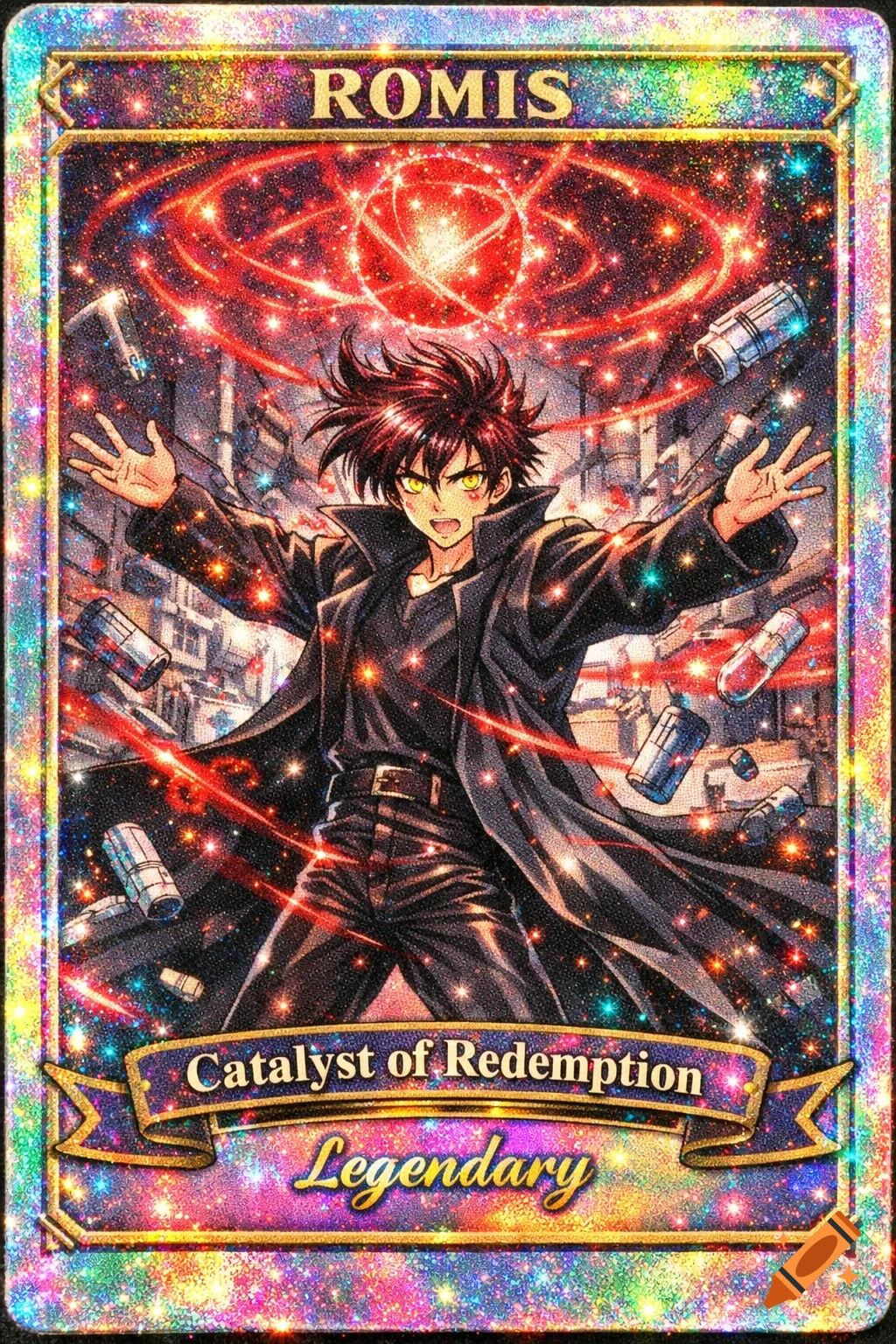 Anime trading card of Romis with red hair and yellow eyes, wearing a ...