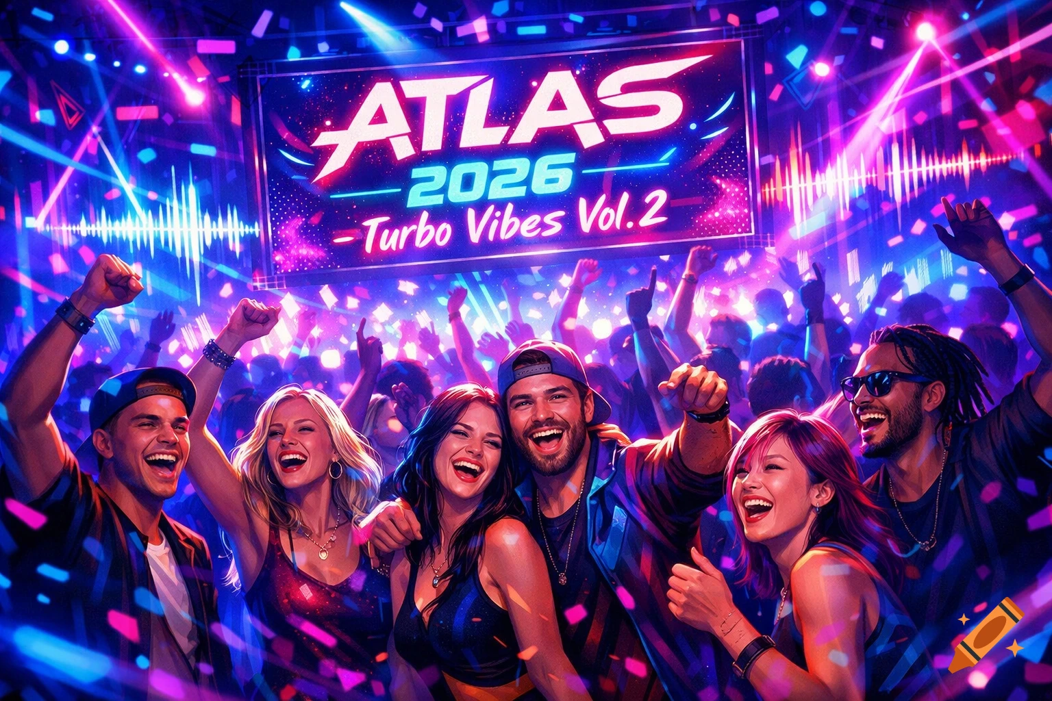 A group of happy young adults cheering at a vibrant electro party under ...