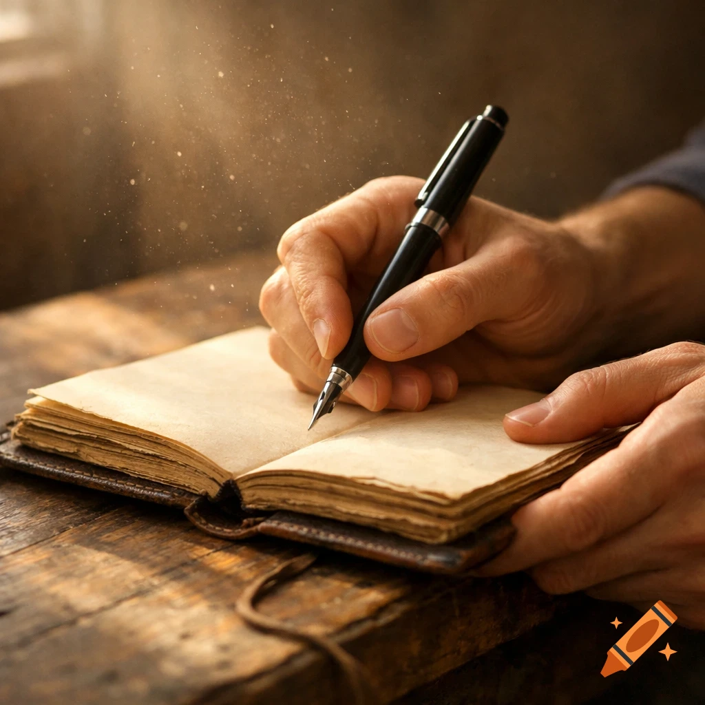 Close-up of hands writing with a fountain pen in an old notebook on a ...
