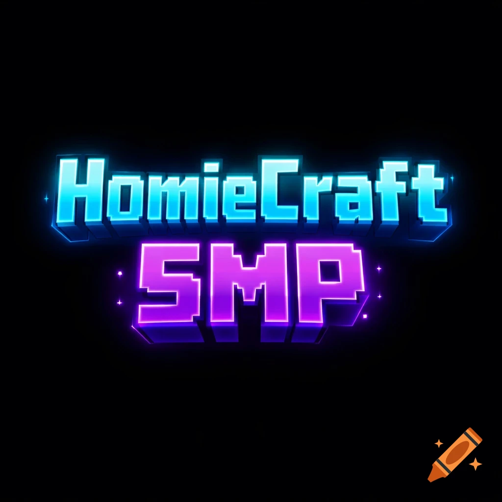 Neon blue "HomieCraft" and neon purple "SMP" text in a pixelated ...