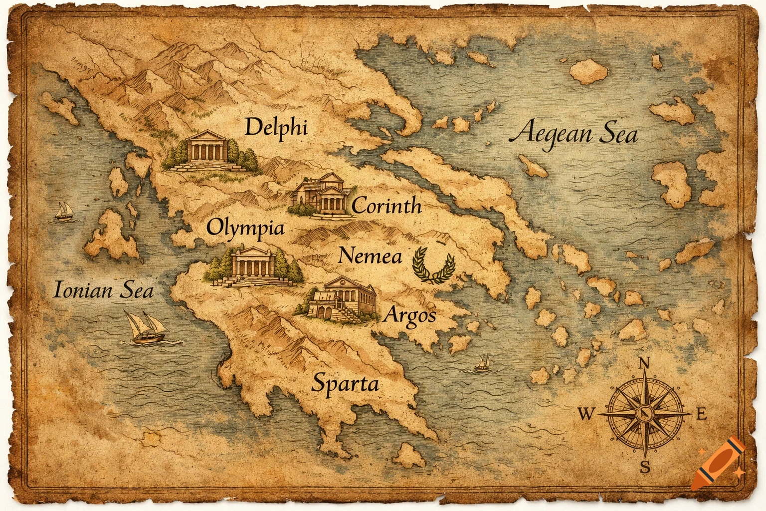 An aged, illustrated map of Ancient Greece showing cities like Delphi ...
