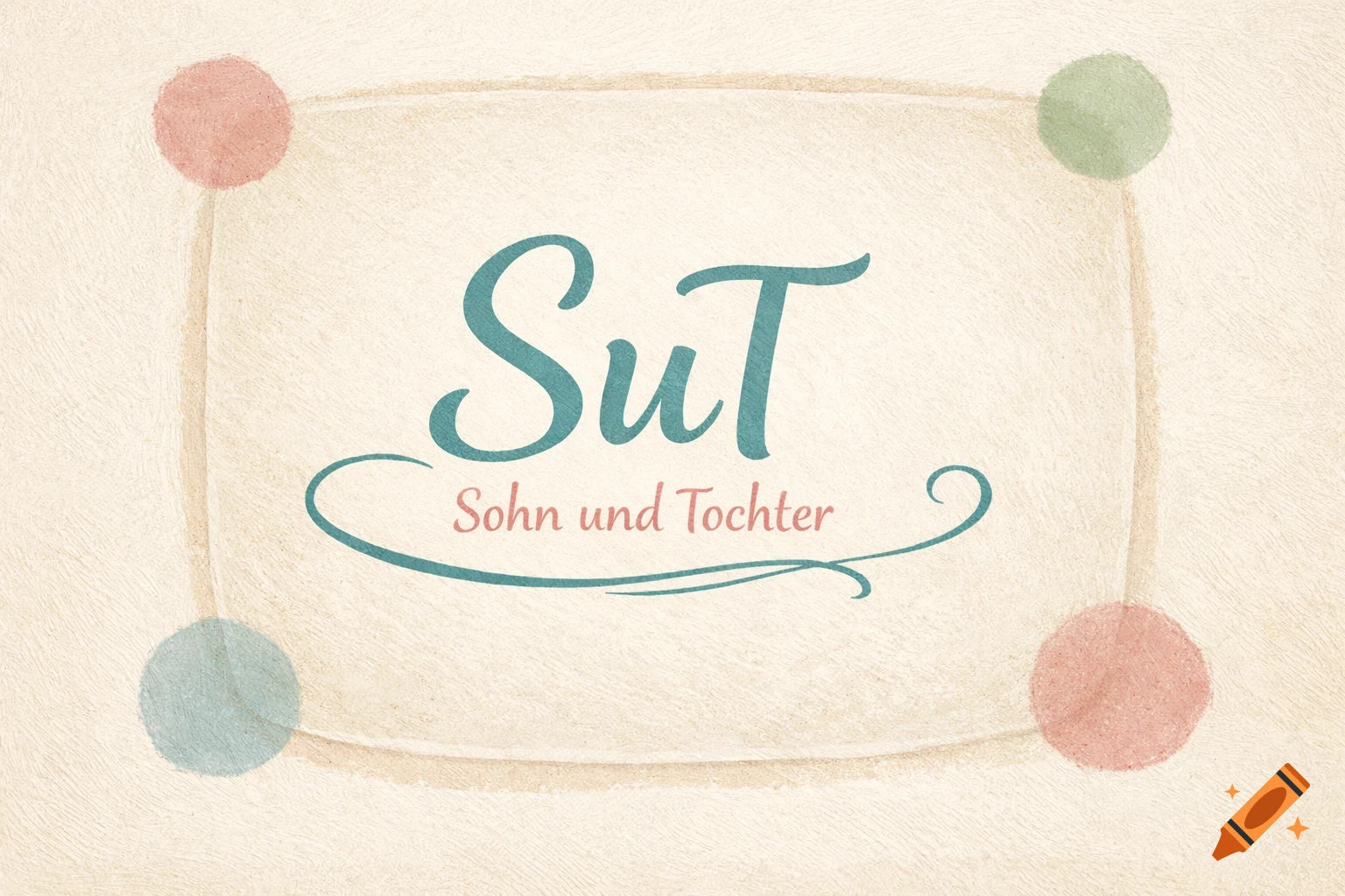 White textured rectangle with blue script 'SuT' and pink 'Sohn und ...