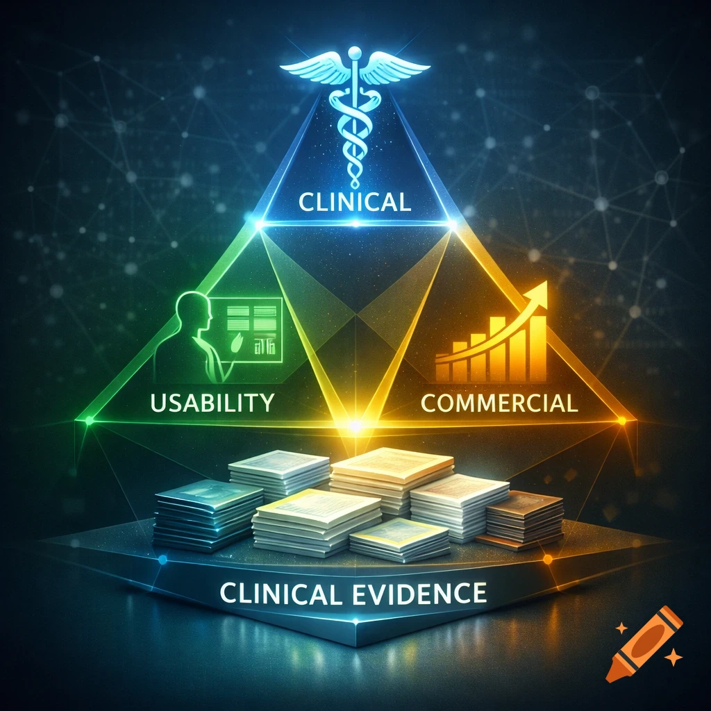 A glowing conceptual diagram showing a triangle with 'Clinical ...