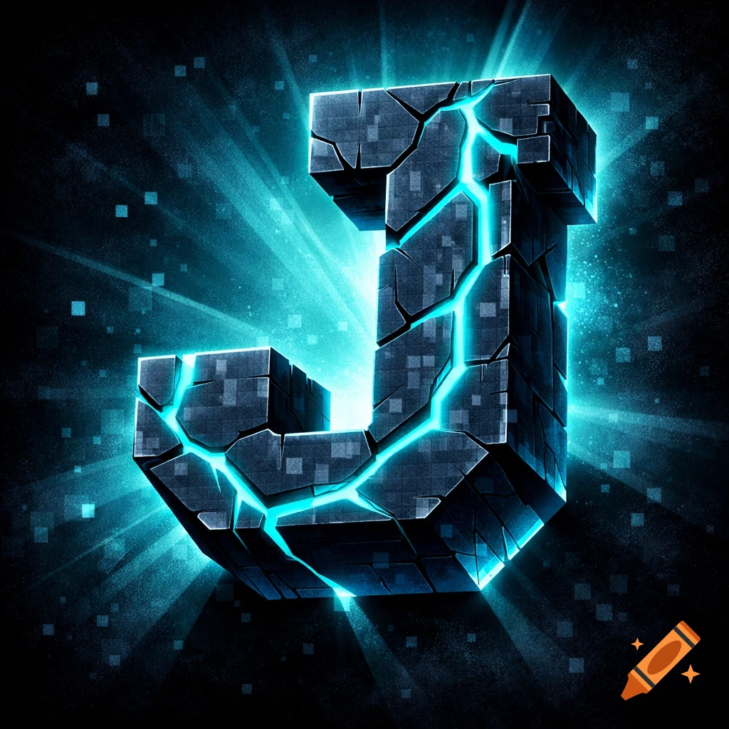 A stylized, blocky letter 'J' with glowing blue cracks, set against a ...