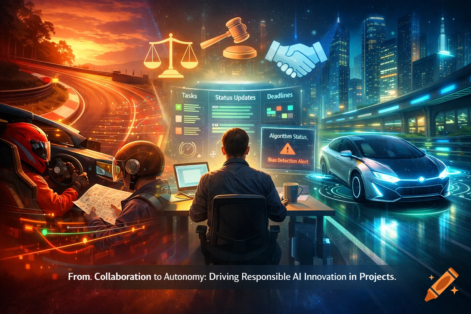 Split scene with a racecar on a track and a futuristic city with a ...