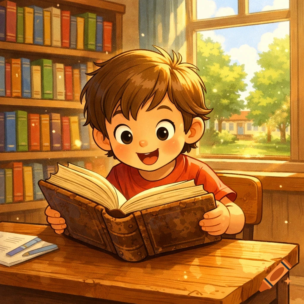 A cute cartoon boy with brown hair happily reads a large book at a ...