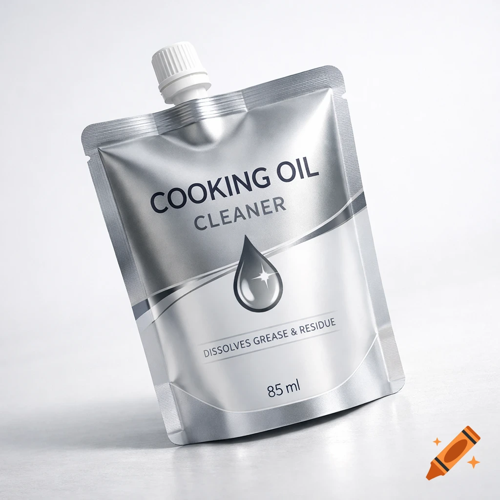 Silver stand-up pouch of Cooking Oil Cleaner with a white cap, 85ml, on ...