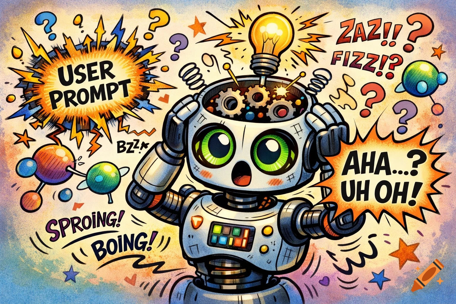 A cartoon robot with an open head showing gears, surrounded by comic ...
