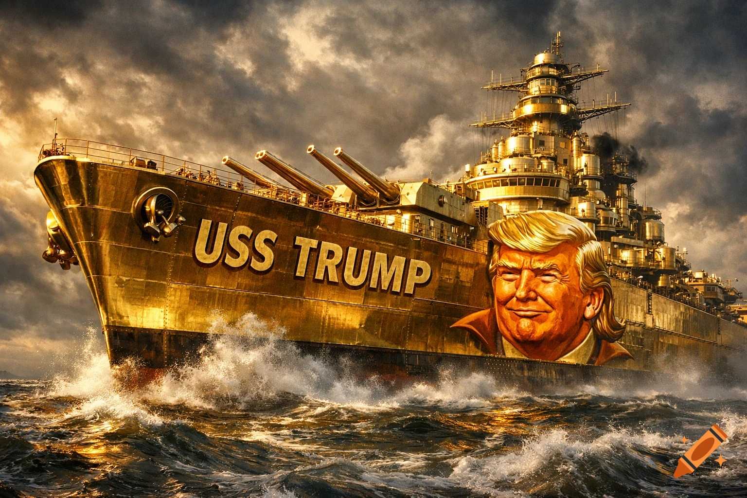 A golden battleship labeled USS TRUMP with Donald Trump's face on its ...