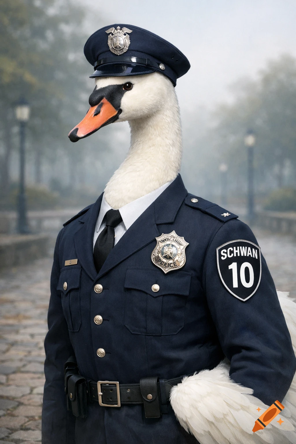 A photorealistic image of a swan wearing a full police uniform ...