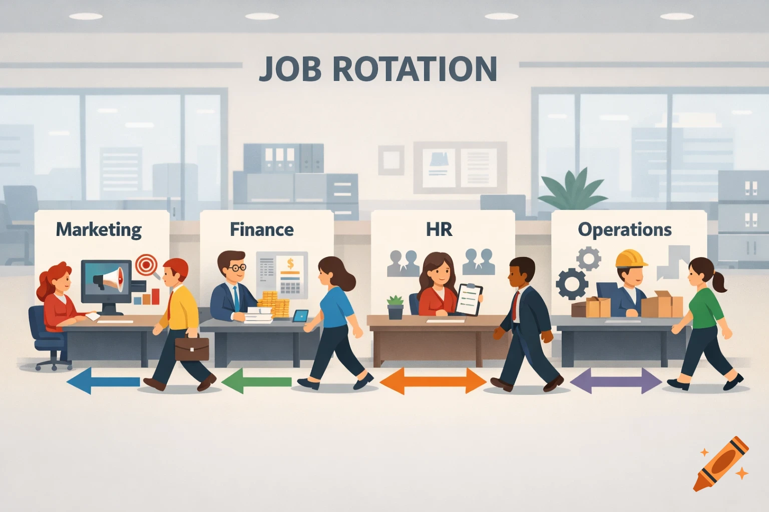 Illustration of diverse cartoon employees rotating between Marketing ...