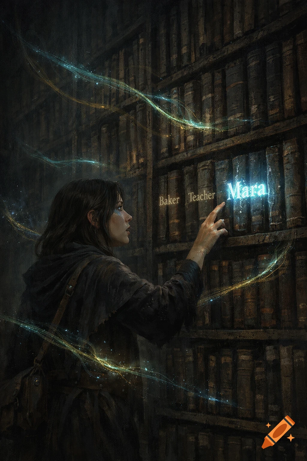 A woman in a dark fantasy library reaches for a glowing book labeled ...