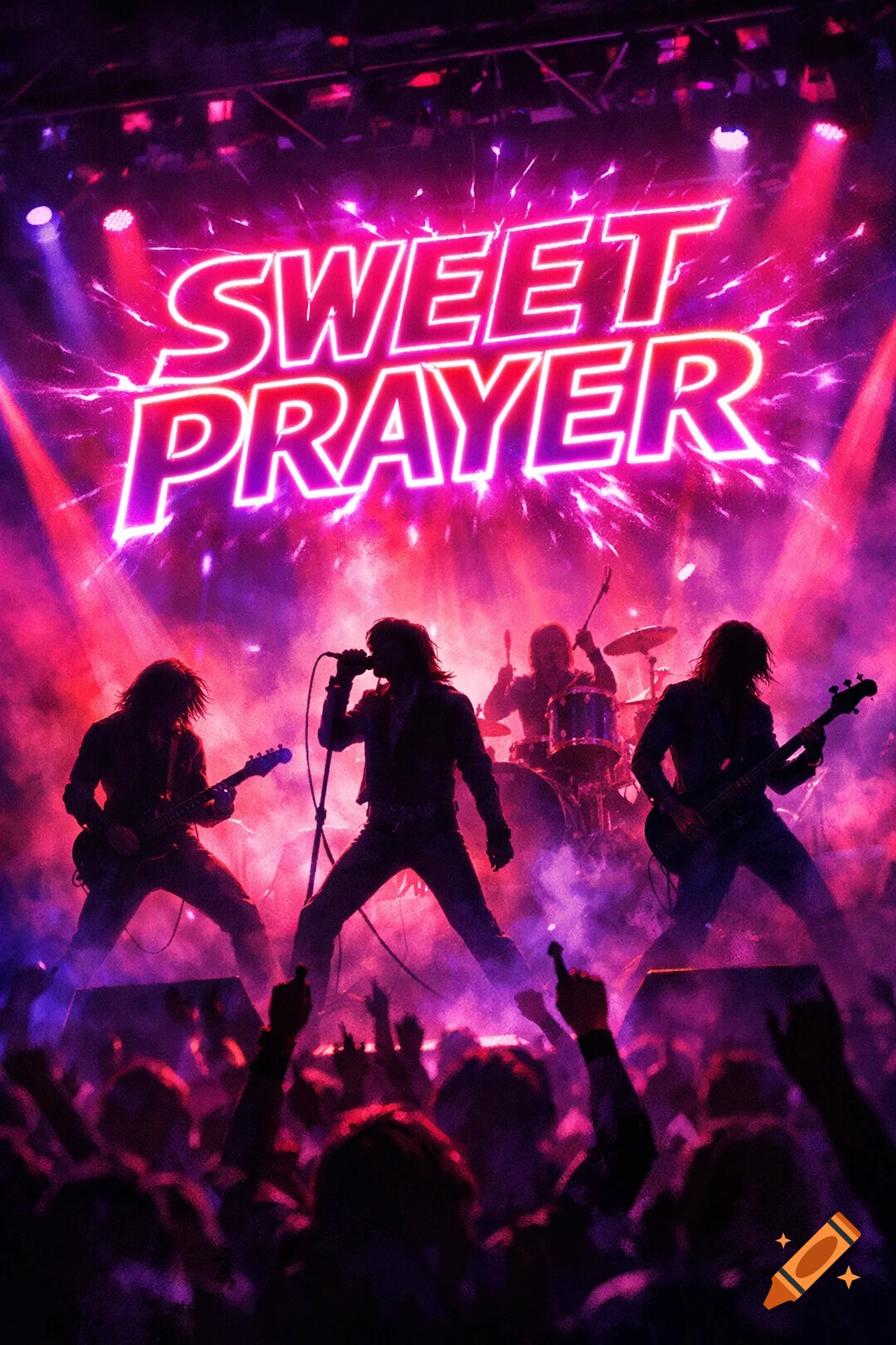 A rock band, 'Sweet Prayer', performs on stage under dramatic pink and ...