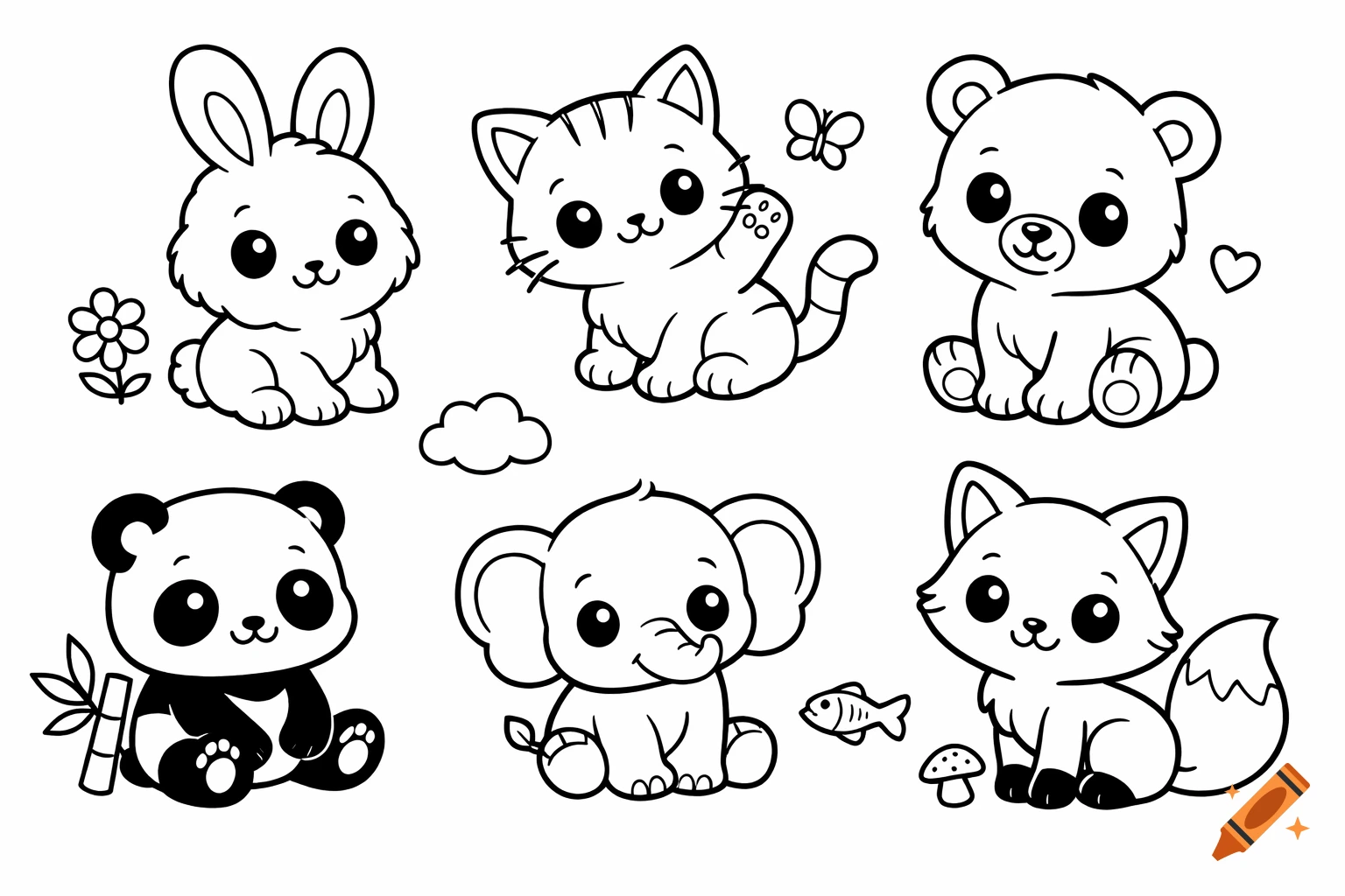 Six cute cartoon outline animals: a bunny, cat, bear, panda, elephant ...