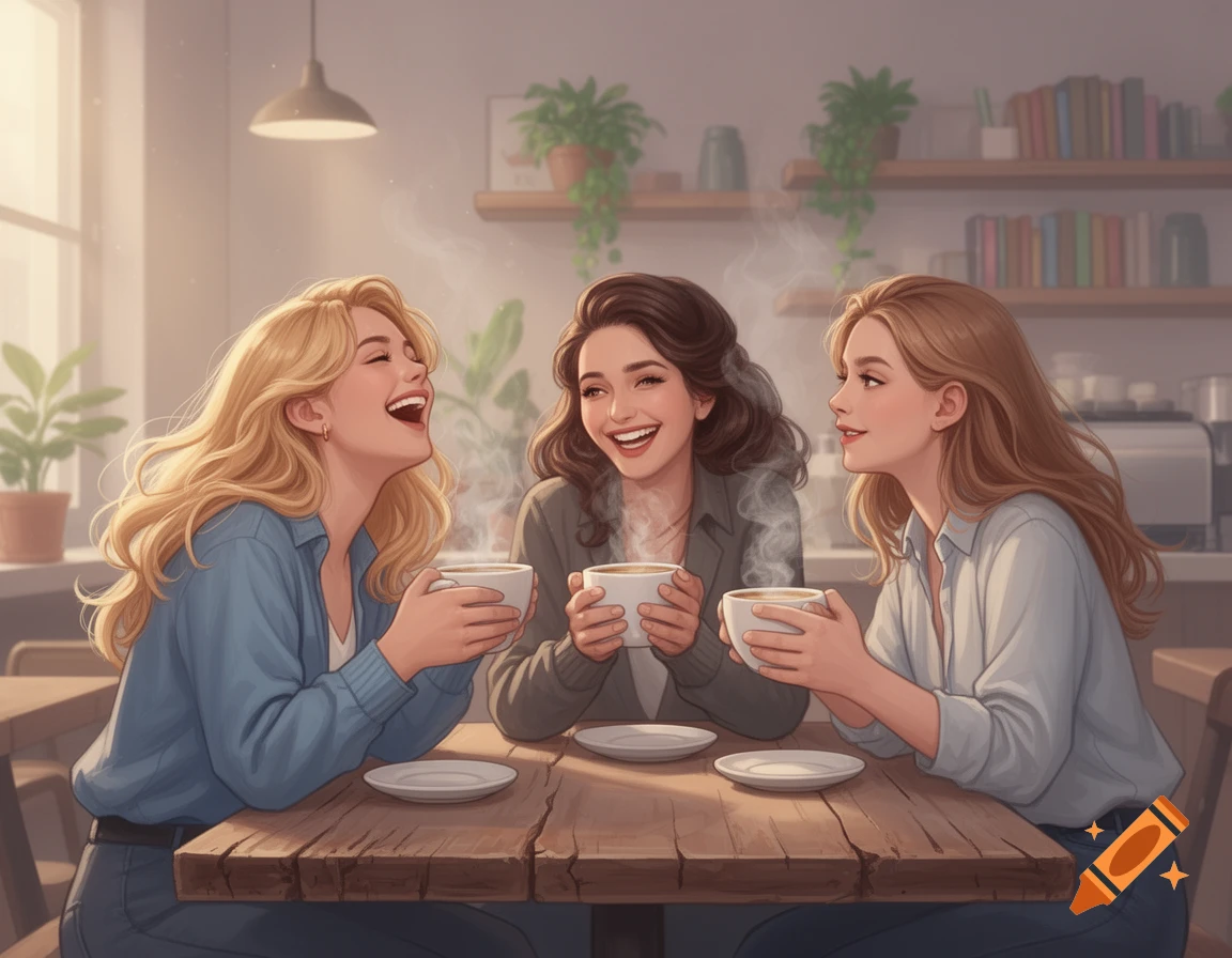 Three friends with blonde, dark, and light brown hair laugh while ...
