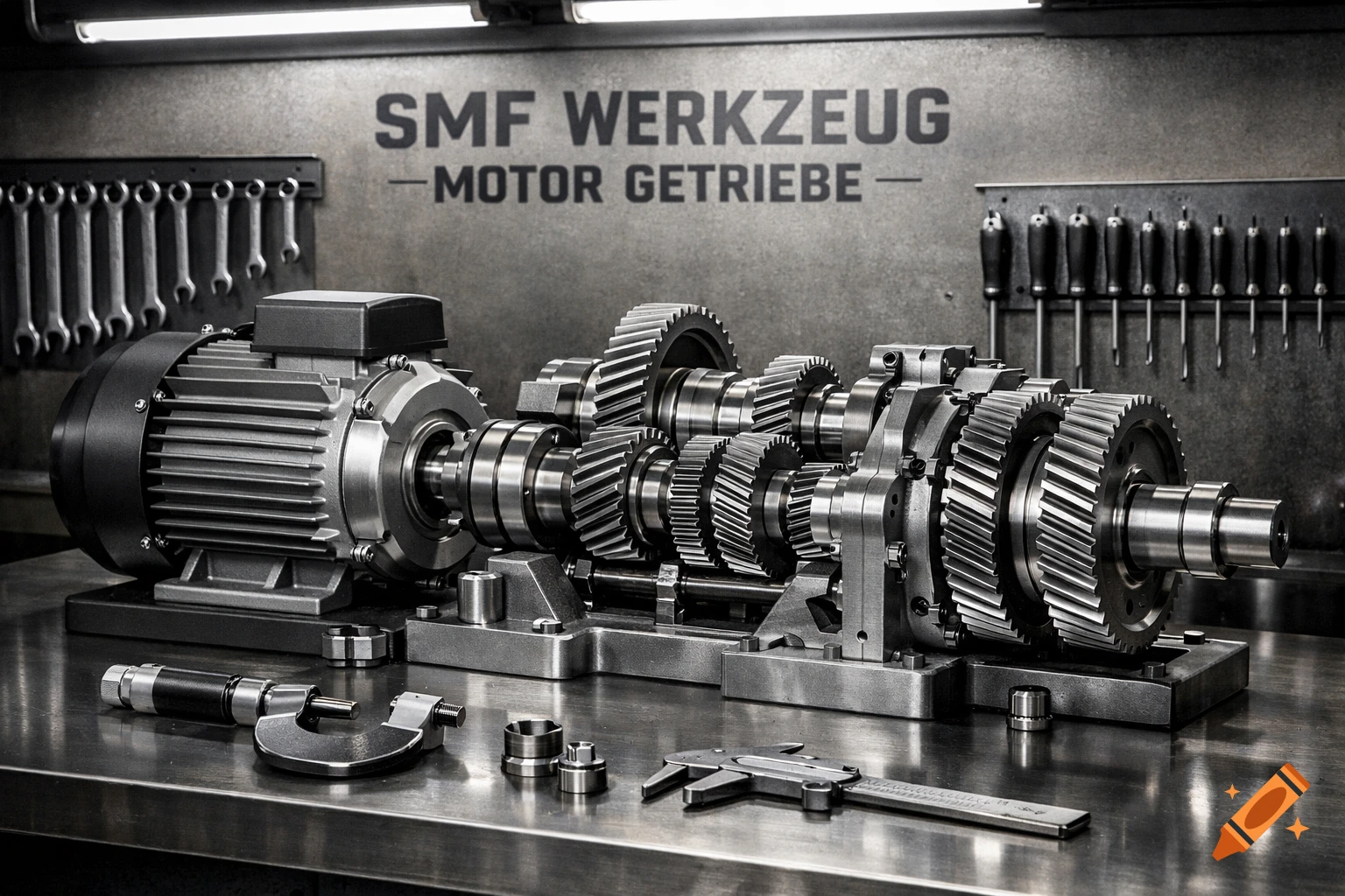 A detailed, photorealistic image of an electric motor and exposed gear ...