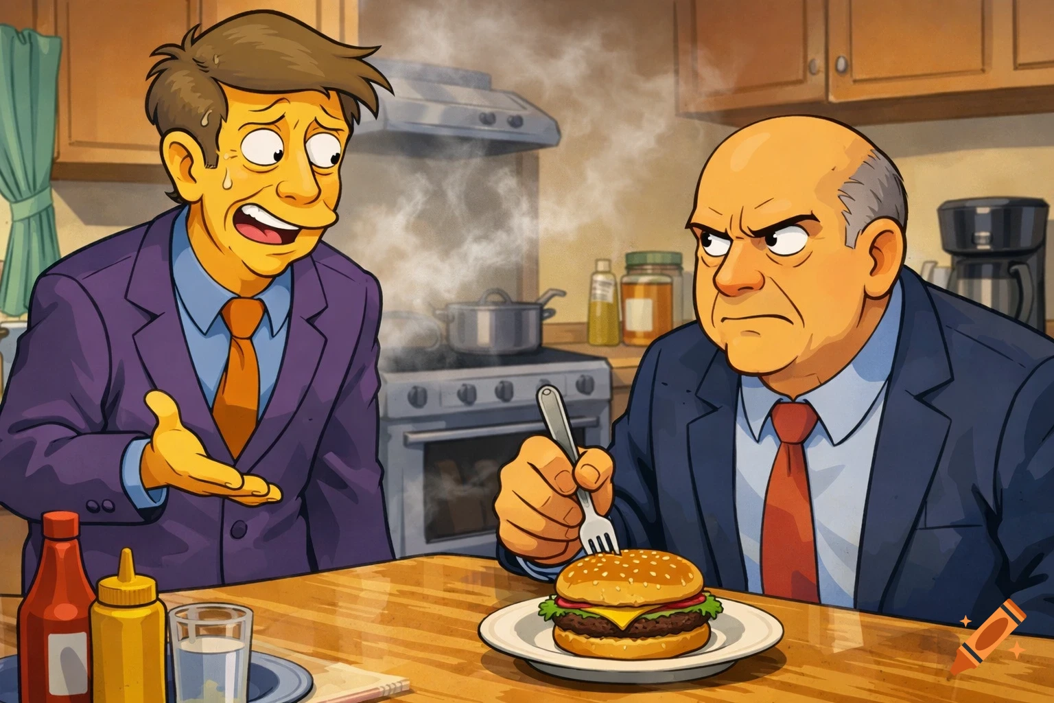 Two cartoon men in a kitchen; one stressed, the other angry at a ...