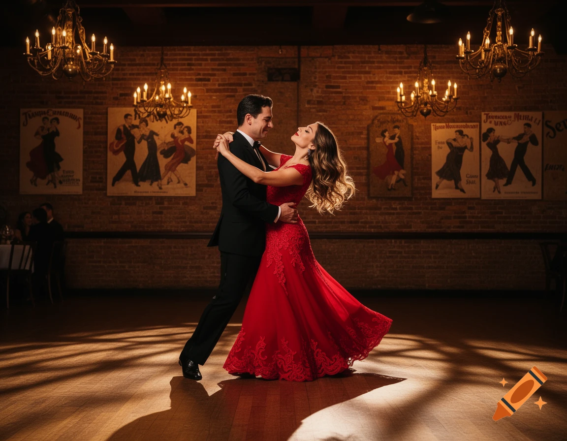 A man in a black suit and a woman in a red dress dance tango in a ...