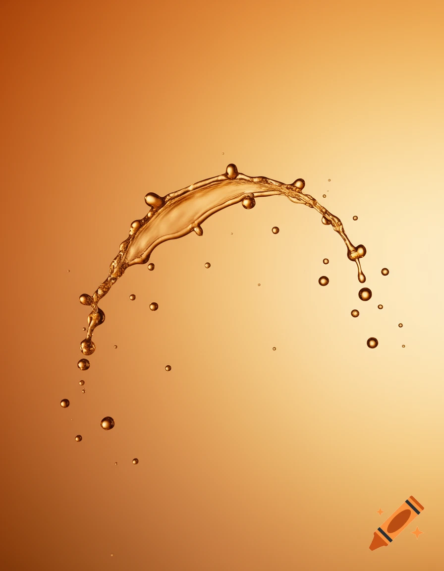 A golden translucent liquid splashes in an arch, forming droplets ...