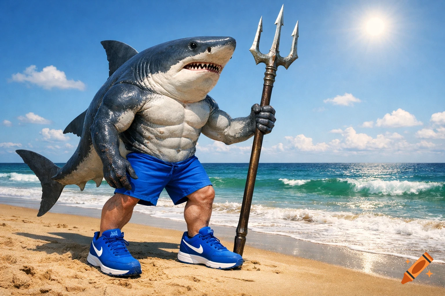 Muscular anthropomorphic shark in blue shorts and sneakers, holding a ...