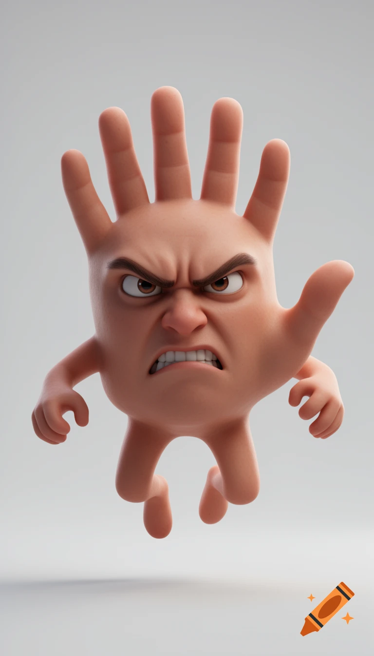 A 3D rendered cartoon character of an angry hand with a human face ...