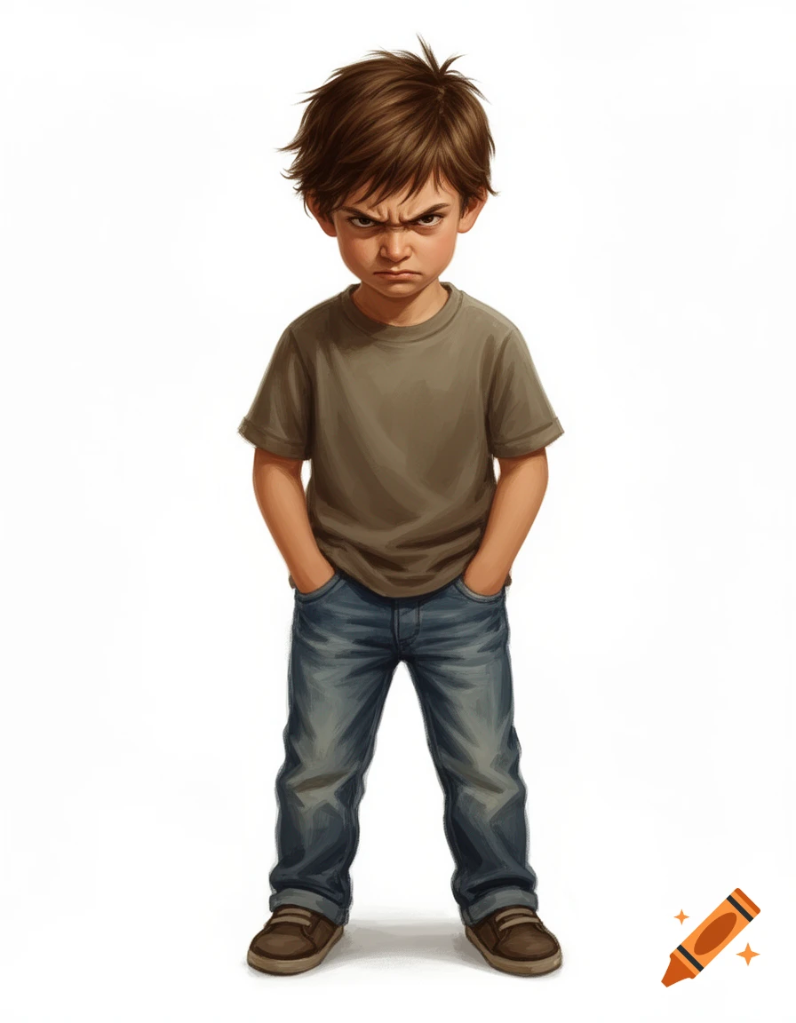 A painted full-body illustration of an angry young boy with messy brown ...