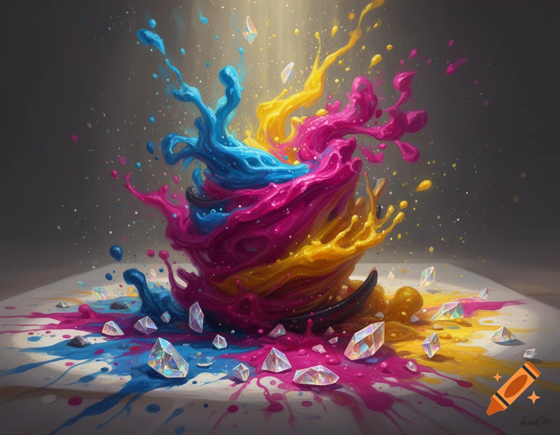 Vibrant blue, pink, and yellow paint splashes with sparkling crystals ...