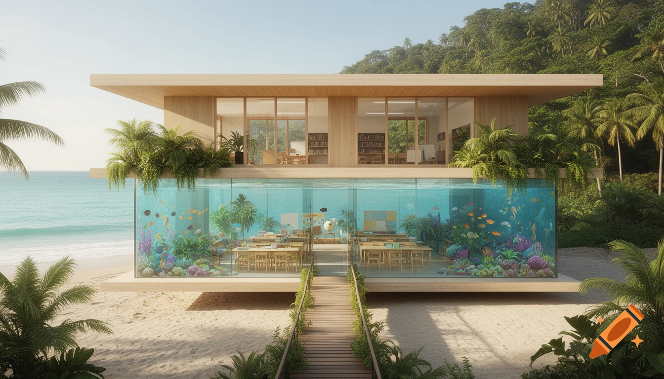 Photorealistic modern school on a tropical beach, with a glass ...