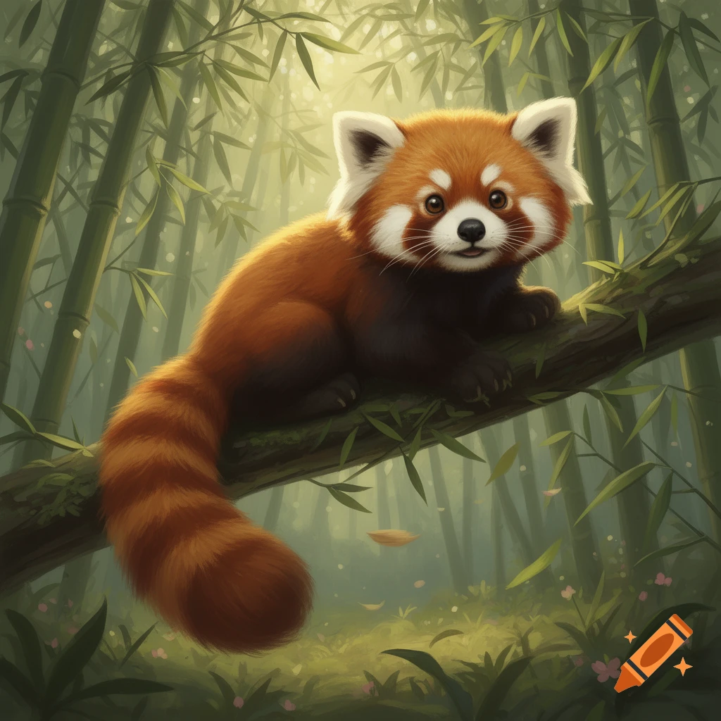Cute red panda resting on a tree branch in a lush, sunlit bamboo forest ...