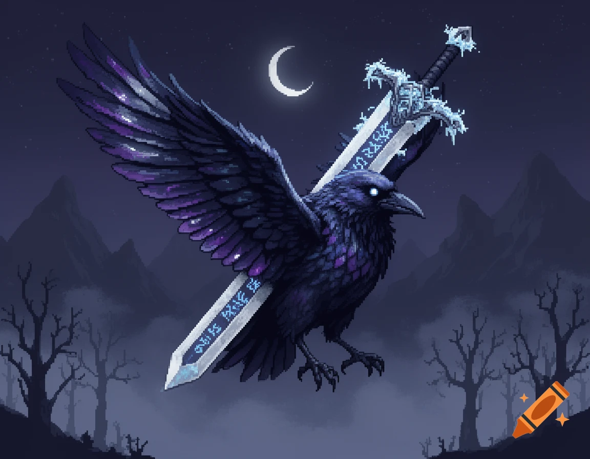A pixel art image of a large black crow with glowing eyes, its wings ...