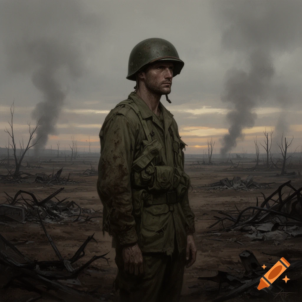 A photorealistic image of a lonely soldier in fatigues standing in a ...