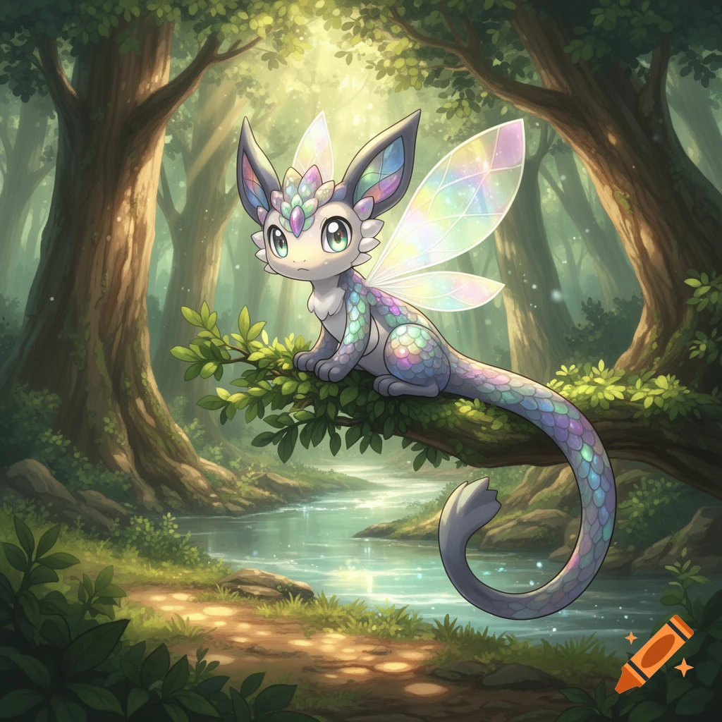 A cute, anime-style fantasy creature with iridescent scales and wings ...