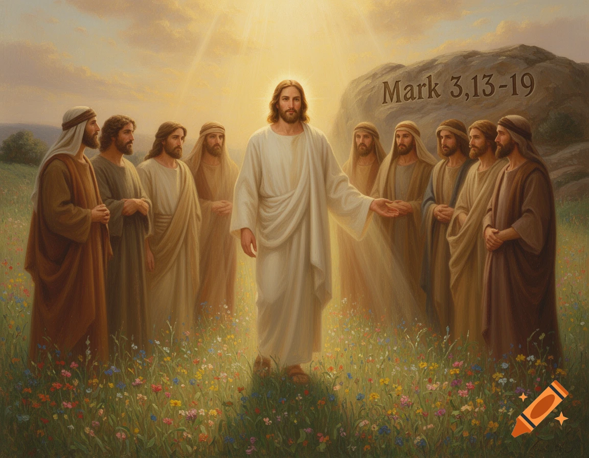 Jesus calls the Twelve disciples, illuminated by light in a field of ...