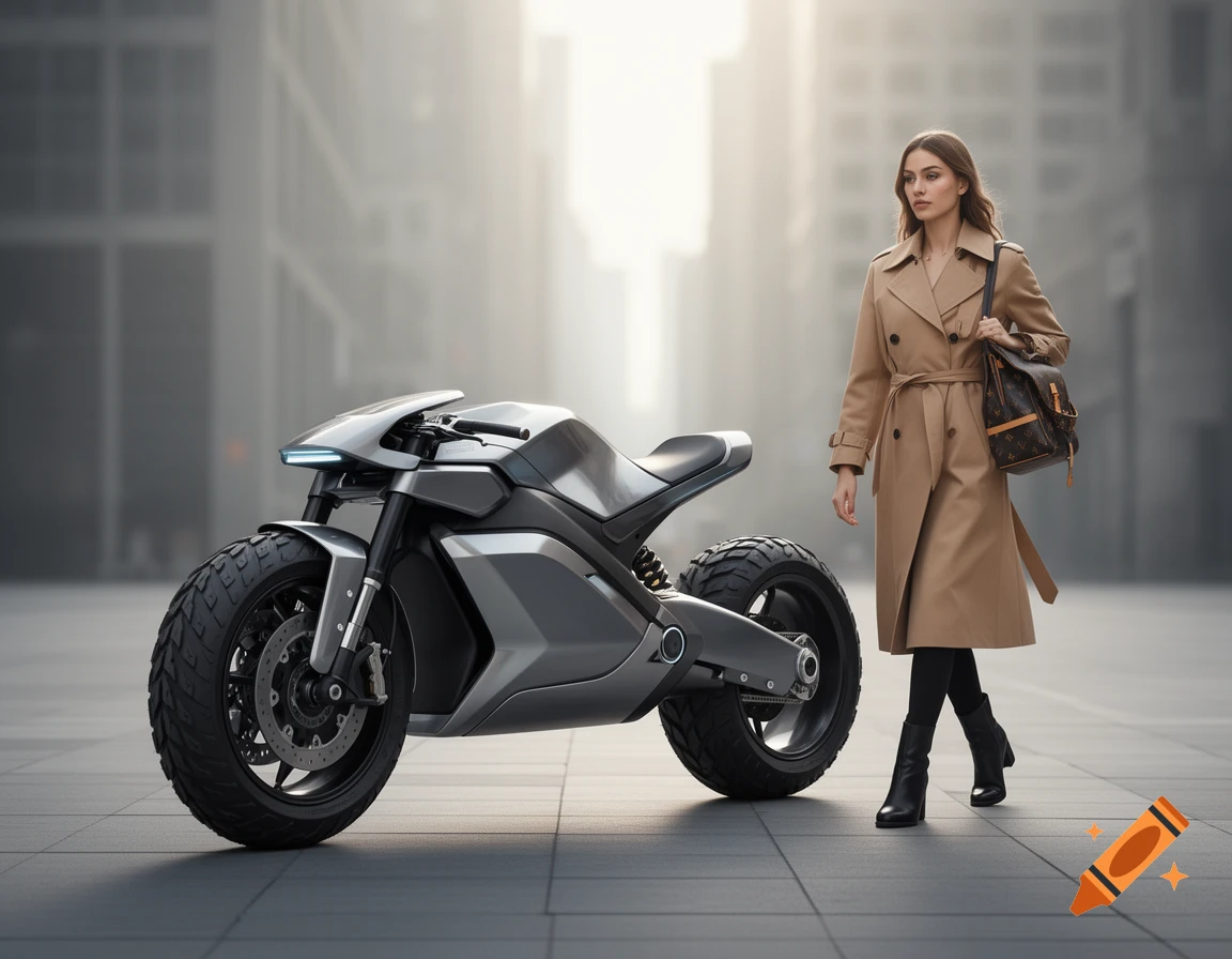A woman in a tan trench coat and black boots walks beside a sleek ...