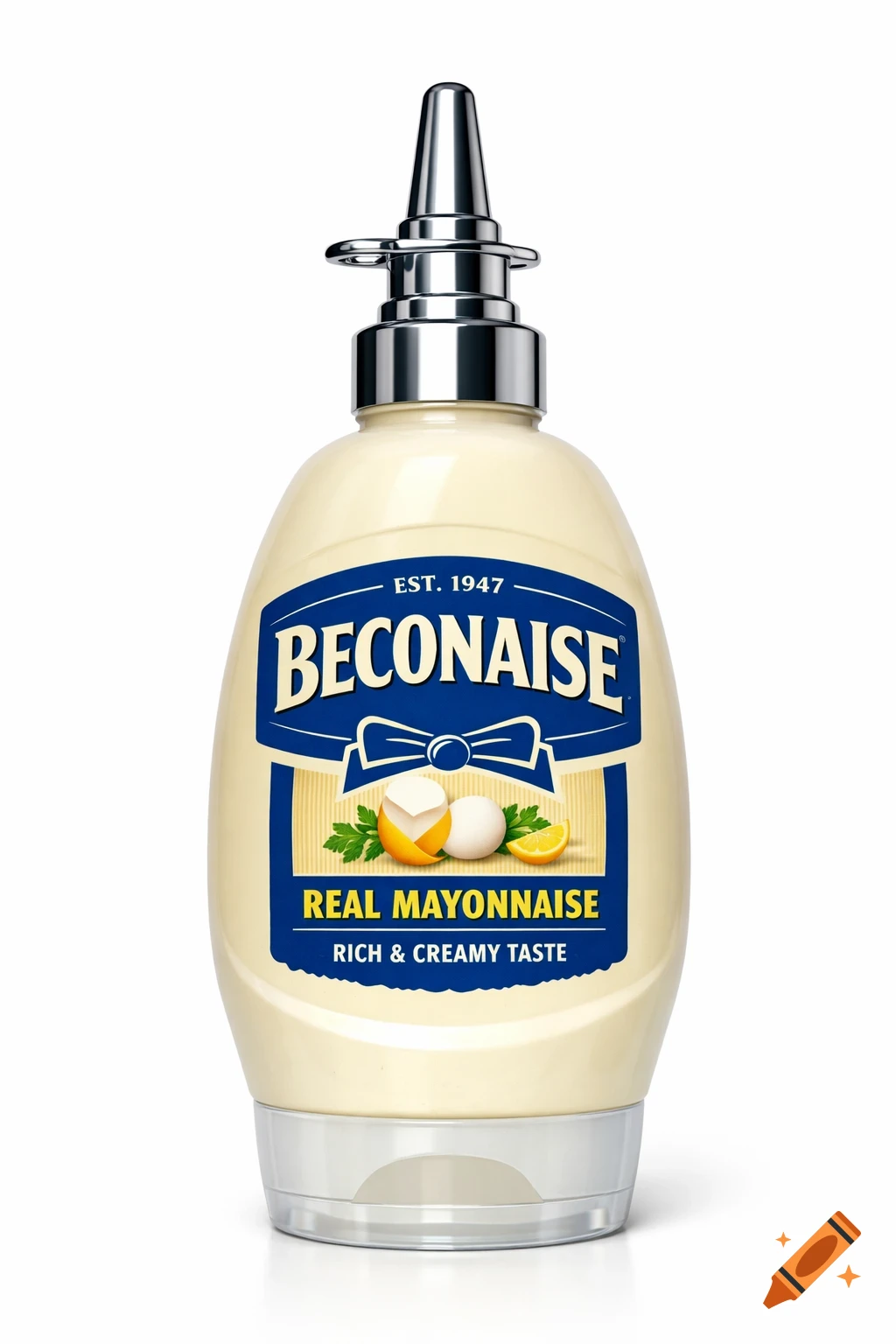 A photorealistic mayonnaise bottle with a silver nasal spray nozzle cap ...