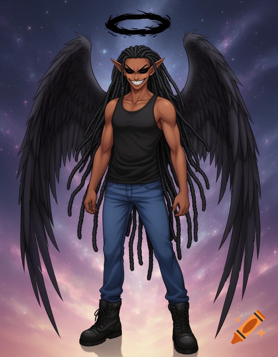A male fallen angel character with brown skin, dreadlocks, pointy ears ...