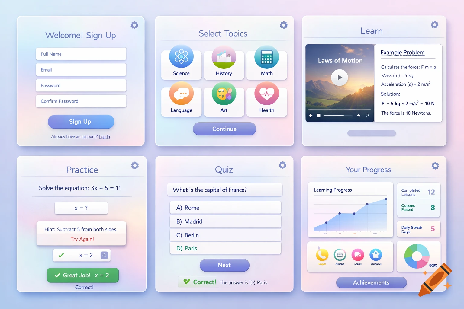 Six grid panels displaying a step-by-step educational app user ...