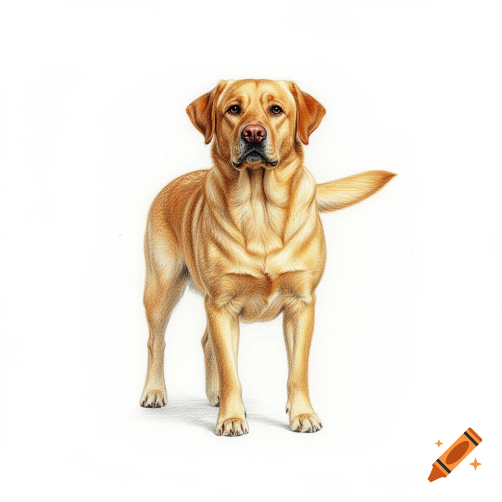 A realistic drawing of a yellow Labrador retriever standing on a white ...