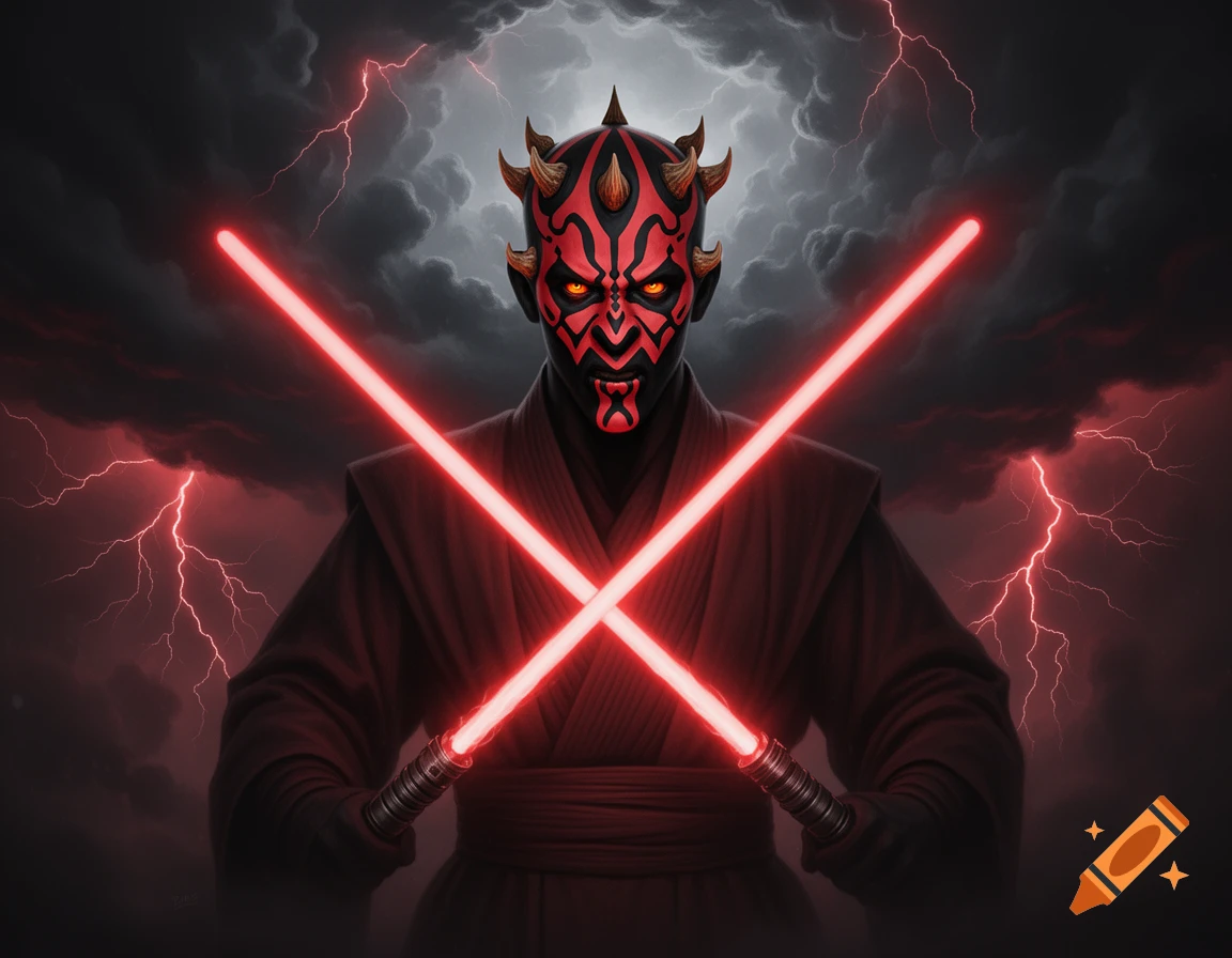 Darth Maul stands holding two red lightsabers crossed against a dark ...