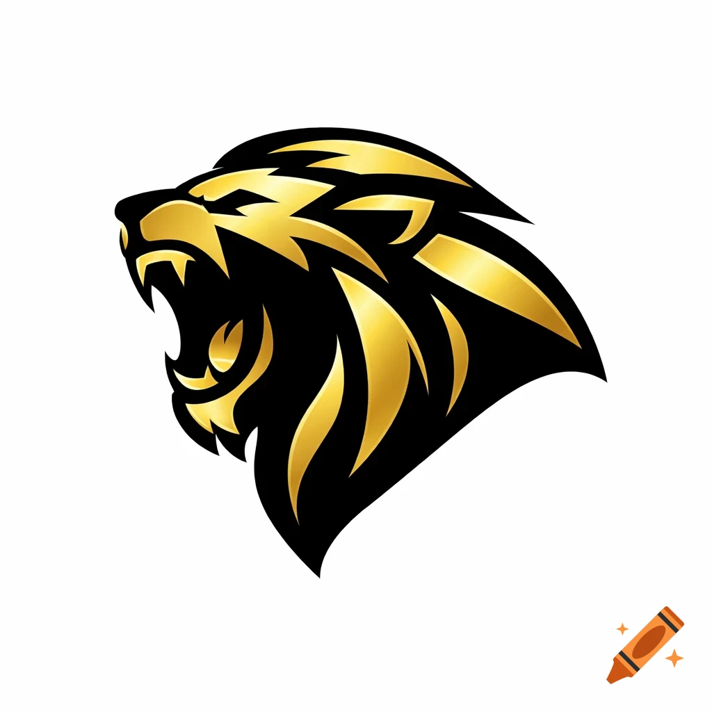 A striking black and gold stylized lion head logo, roaring fiercely. on ...