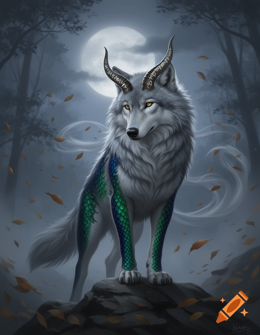 A majestic grey wolf with glowing orange eyes, horns with runes, and ...
