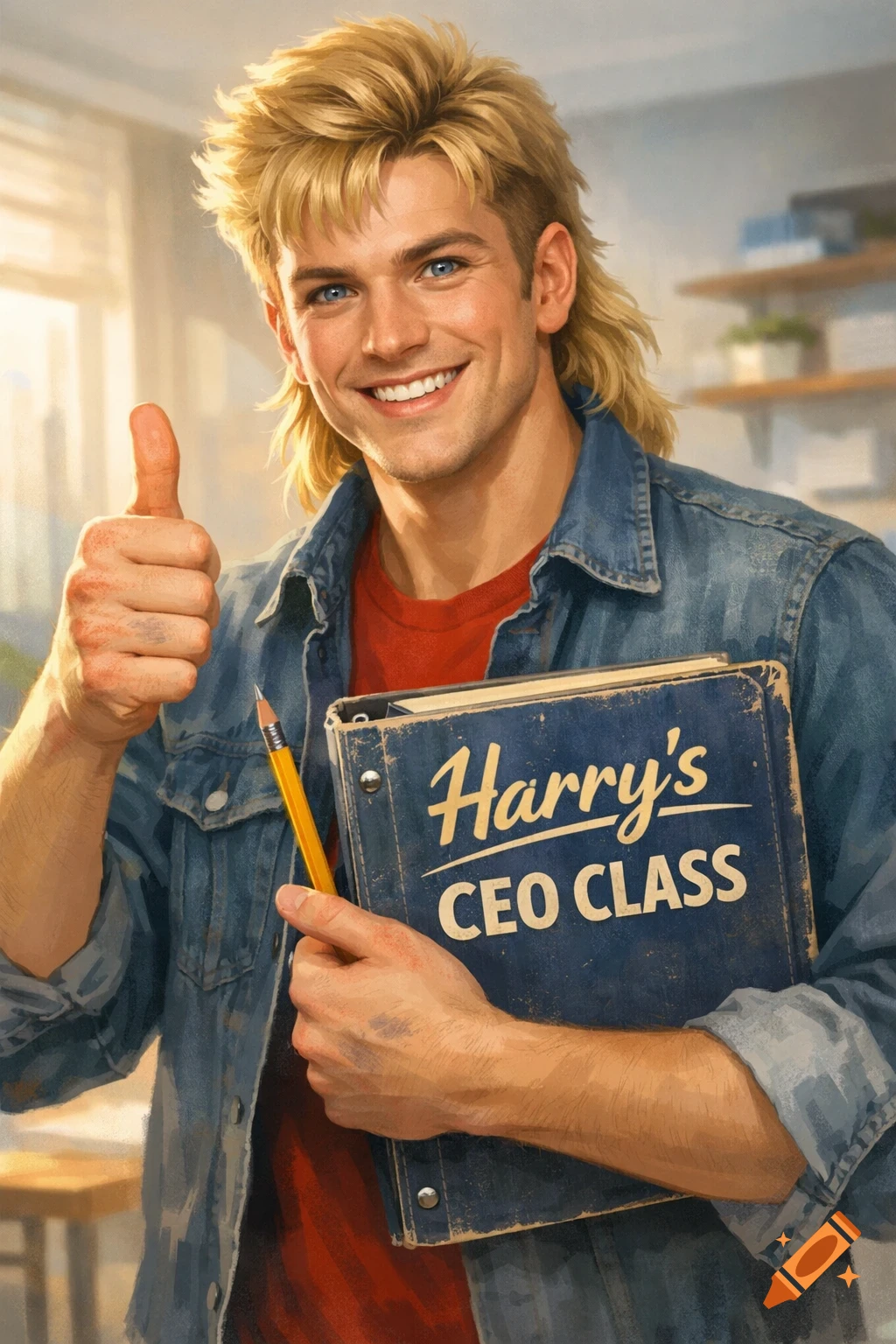Smiling blonde man with a mullet and blue eyes gives a thumbs up ...