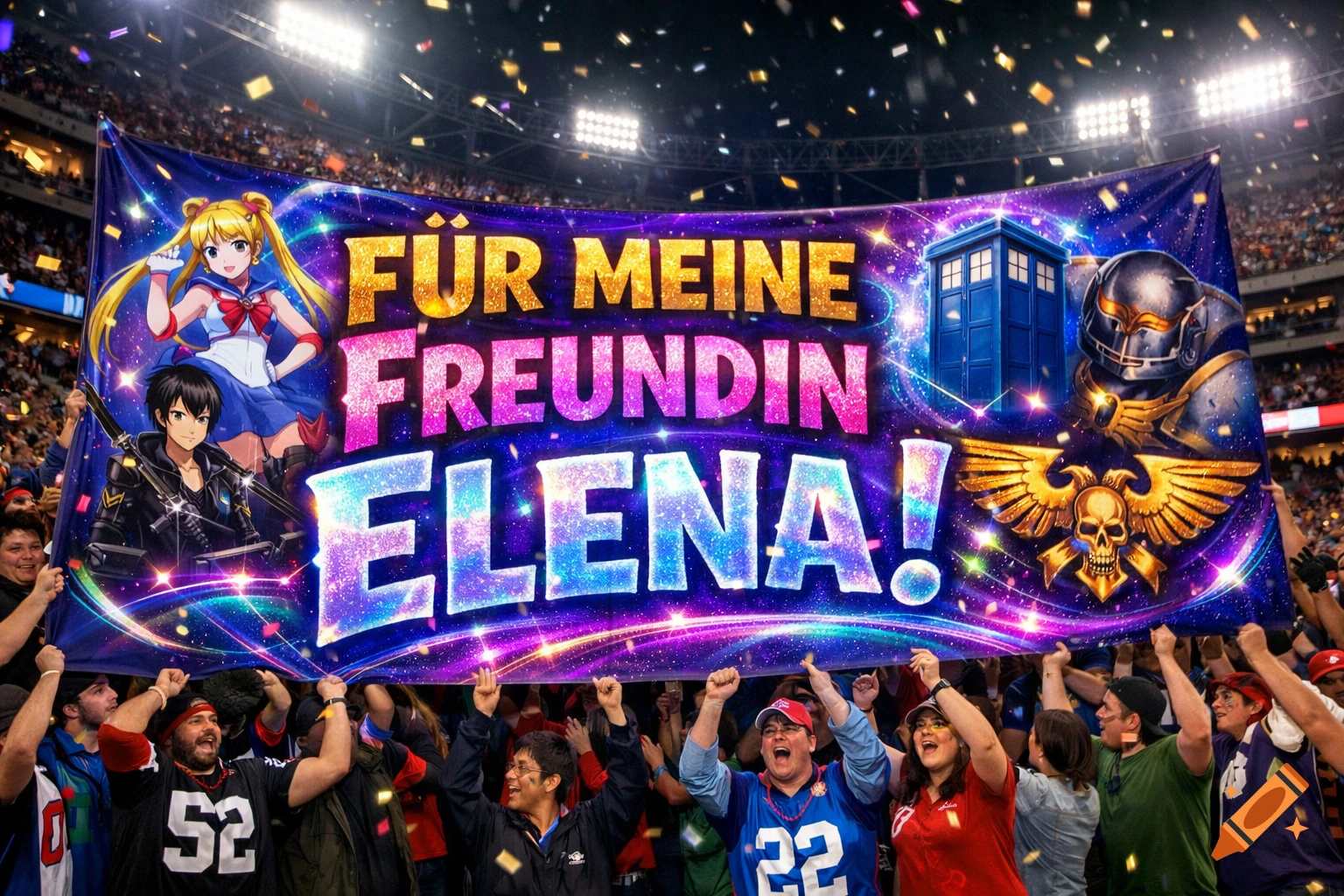 A crowd at an American football stadium holds a banner with anime ...